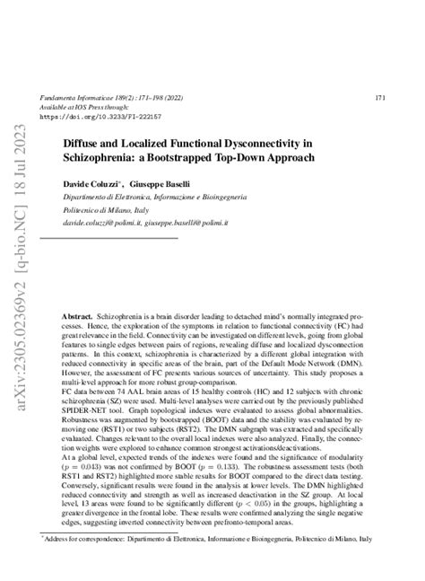 Pdf Diffuse And Localized Functional Dysconnectivity In Schizophrenia A Bootstrapped Top Down