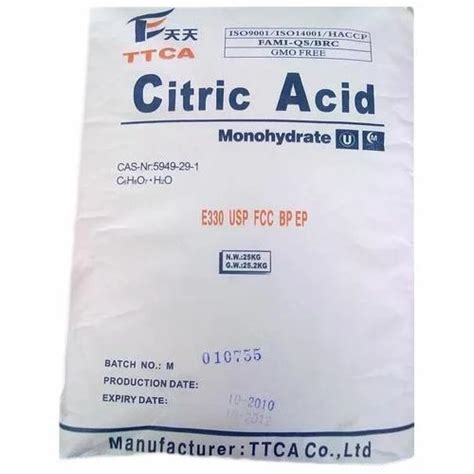 Citric Acid Monohydrate Powder Packaging Type Bag Packaging Size 25