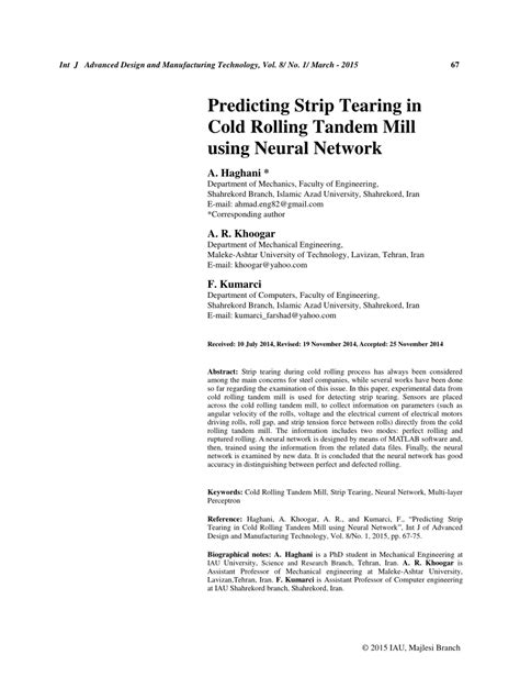 Pdf Predicting Strip Tearing In Cold Rolling Tandem Mill Using Neural Network