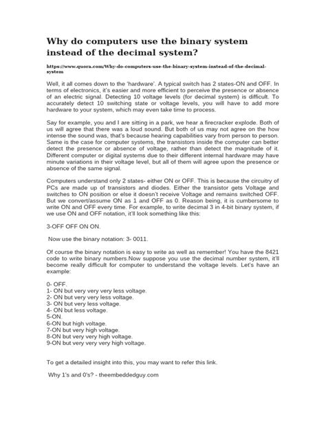 Why Do Computers Use The Binary System Instead Of The Decimal System Pdf Technology