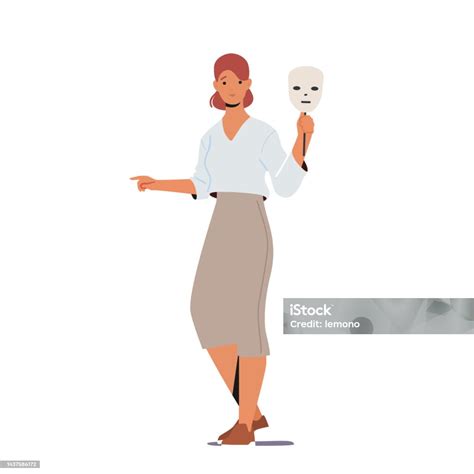 가짜 감정 가면 증후군 위선 개념 슬픈 여성 캐릭터는 마스크 아래 실제 감정을 숨 깁니다 여자에 대한 스톡 벡터 아트 및 기타