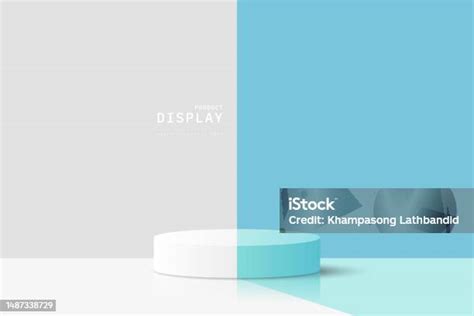 현대 3d 실린더 연단 받침대 현실적 또는 두 가지 색상의 흰색과 파란색 대비가 있는 쇼케이스용 무대 모형 장면입니다 제품 프리젠테이션 또는 판촉을 위한 디자인 3d 벡터