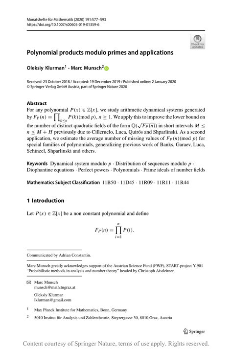 Polynomial Products Modulo Primes And Applications Request Pdf