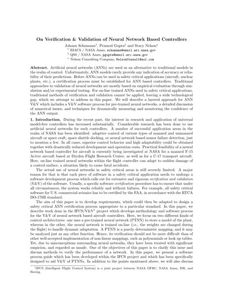 Pdf On Verification And Validation Of Neural Network Based Controllers