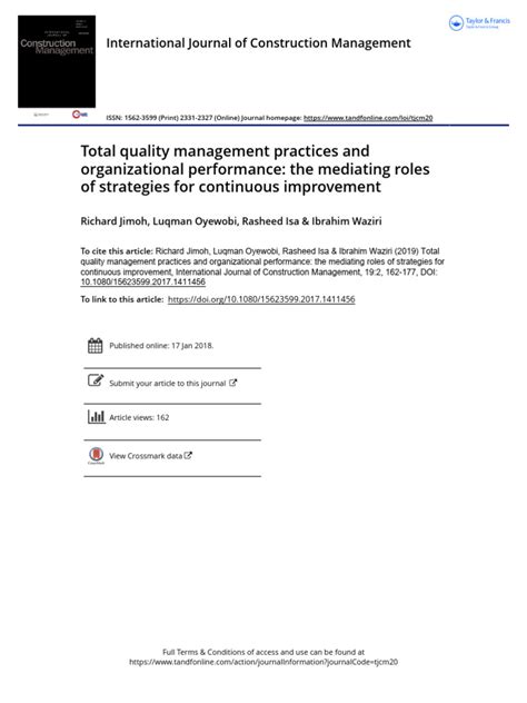 Total Quality Management Practices And Organizational Performance The Mediating Roles Of