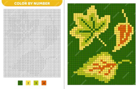 3개의 가을 낙엽 숫자별 색상 픽셀 색칠책 번호가 매겨진 사각형 어린이를 위한 게임 픽셀 아트 격리된 벡터 그림 Eps 10 프리미엄 벡터