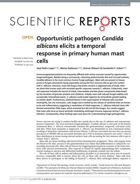 Pdf Opportunistic Pathogen Candida Albicans Elicits A Temporal Response In Primary Human Mast