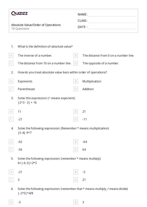 50 Absolute Value Worksheets For 8th Year On Quizizz Free And Printable