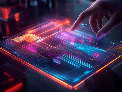 Futuristic Technology Hands Interacting Glowing Interface Tablet Screen Stock Illustration