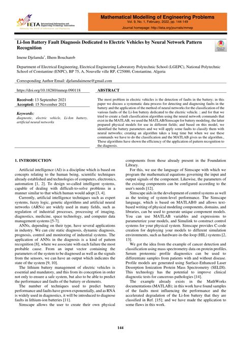 PDF Li Ion Battery Fault Diagnosis Dedicated To Electric Vehicles By Neural Network Pattern