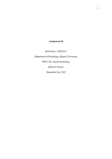 Assignment 3 Psyc 241 1 Assignment Keren Katz 20256515 Department Of Psychology Queen