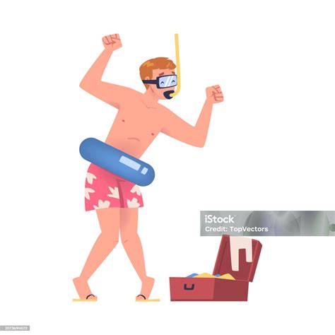 스노클링 마스크와 구명 부표와 행복 한 남자 여름 방학 만화 벡터 일러스트 레이 션을 가진 관광객 가방에 대한 스톡 벡터 아트 및 기타 이미지 Istock