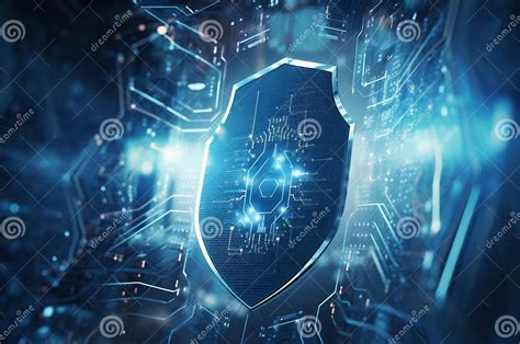 Digital Cyber Security Concept Shield On Circuit Board Background With Blue Lights Abstract