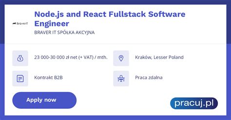 Oferta Pracy Nodejs And React Fullstack Software Engineer Braver It SpÓŁka Akcyjna Kraków