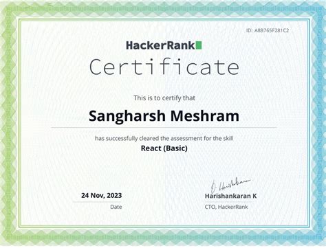 Sangharsh Meshram On Linkedin Hackerrank React Certification