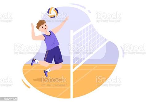배구 선수가 플랫 만화 일러스트레이션에서 스포츠 경쟁 시리즈 실내 공격에 배구에 대한 스톡 벡터 아트 및 기타 이미지 배구 스파이크 Championship Istock