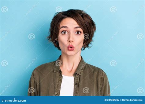 Photo Of Impressed Millennial Bob Hairdo Lady Look Camera Wear Khaki