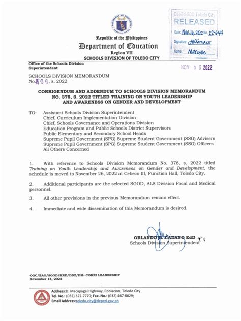 Sdm No 406 S 2022 Corrigendum And Addendum To Schools Division Memorandum No 378 S 2022
