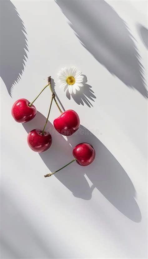 Juicy Cherries And Charming Daisy Artfully Arranged On A Pristine White Background Stock