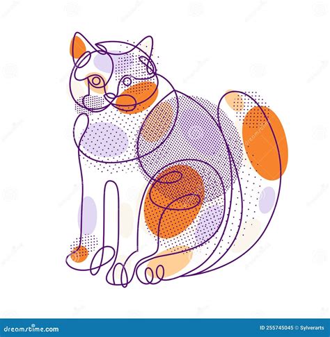 Fat And Lazy Cat Line Art Vector Illustration Linear Drawing Of