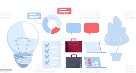 사무실 항목 차트 작업 목록 전자 메일 집합입니다 서류 가방 노트북 램프 및 식물 아이콘 바쁜 사람들의 주제 개체 그룹에 대한 스톡 벡터 아트 및 기타 이미지 Istock