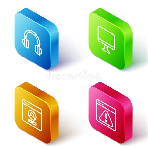 Set Isometric Line Headphones Computer Monitor Screen Create Account And Browser With