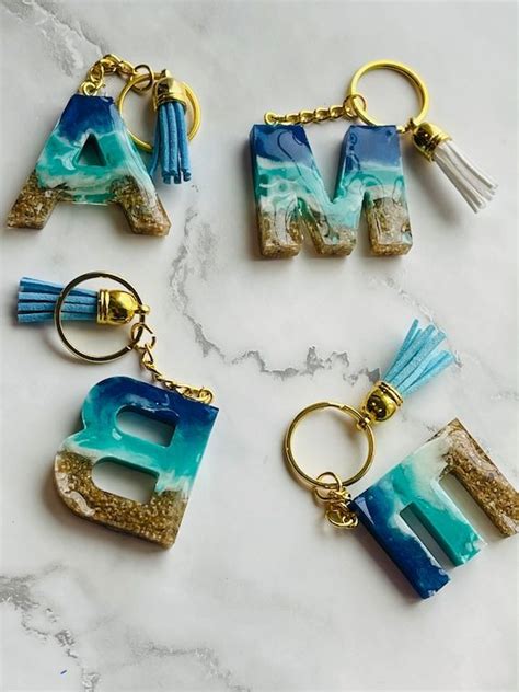 Personalized Key Chain With Tassel Letter Name Keychain Ocean Inspired Resin Accessories Beach