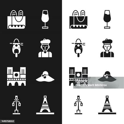 프랑스 남자 스쿠터 바게트 빵 와인 잔 노트르담 우아한 여성 모자 에펠탑 및 가로등 아이콘을 설정합니다 벡터 거리에 대한 스톡 벡터 아트 및 기타 이미지 Istock
