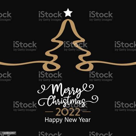 휴일 크리스마스와 새해 2022 인사말 카드의 벡터 일러스트 는 텍스트에 대한 검은 배경에 금 크리스마스 트리와 별과 서예와 인사말 카드 초대 카드 배너 포스트 디자인