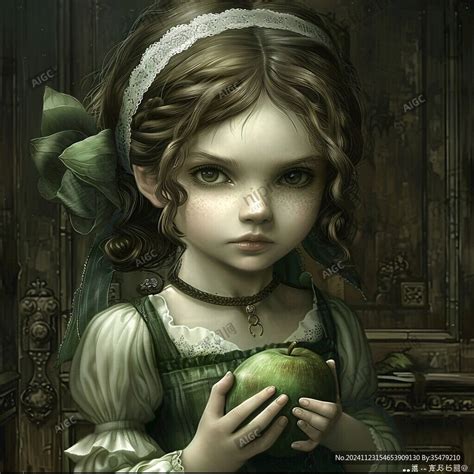 Ai创作图写实人物插画 Cg绘画作品 Cg人物 小女孩苹果包装插画 手绘座在苹果上的姑娘 Cg插画 欧美风人物 手绘绿色小女孩 Cg绘画 Cg美女 写实唯美插画 欧美风格插画 写实人物设计