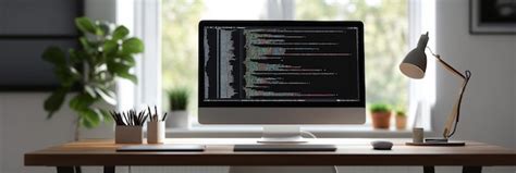 A Bright Workspace Featuring A Large Monitor Displaying Coding Tasks In A Clean Home Office With