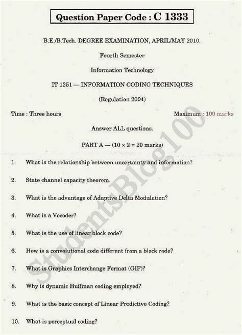 Itc Information Theory And Coding Mayjune 2010 Question Paper For 5th Sem It Anna University