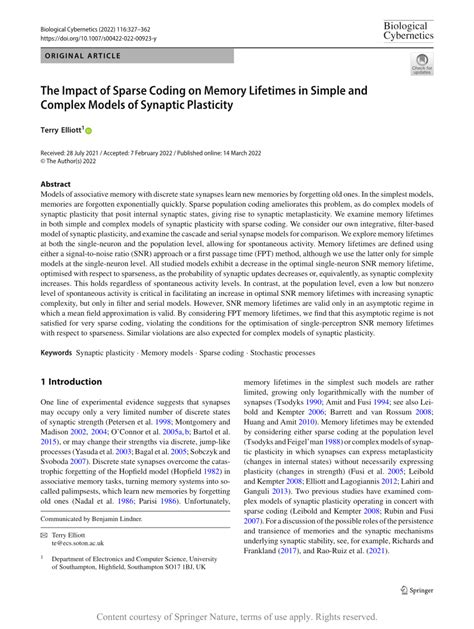 Pdf The Impact Of Sparse Coding On Memory Lifetimes In Simple And Complex Models Of Synaptic