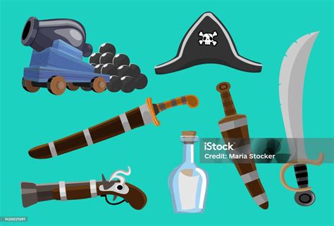 해적 만화 벡터 게임 무기 개체 세트 바다 모험 요소 컬렉션 대포에 대한 스톡 벡터 아트 및 기타 이미지 대포 검 화약