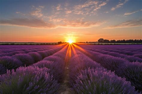 Premium Photo Sunrise Over Lavender Field With The Sun Peeking Above The Horizon Created With
