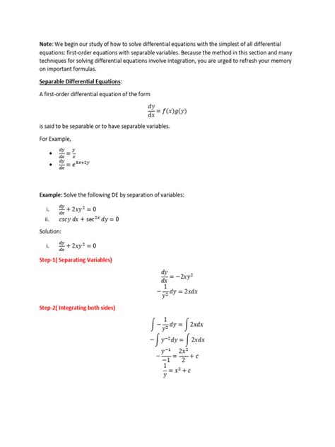 Separable Differential Equations Pdf Equations Mathematical Concepts
