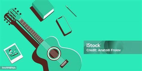 모노크롬 스타일의 민트 그린 표면에 기타와 다른 것들 텍스트 또는 복사 공간을위한 인근 장소 기타 현악기에 대한 스톡 벡터 아트 및 기타 이미지 Istock