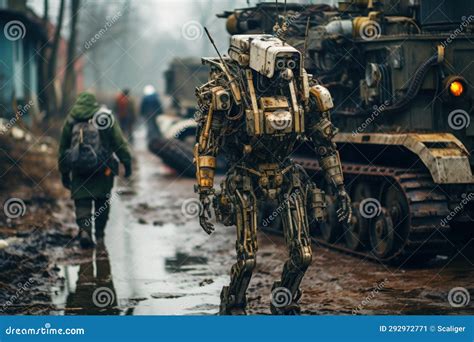 Futuristic Robot Walks On Dirty Road Near People And Machines Stock Illustration Illustration