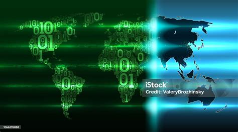 World Map Of The Earth With Continents From A Binary Code With A Background Of Abstract Printed