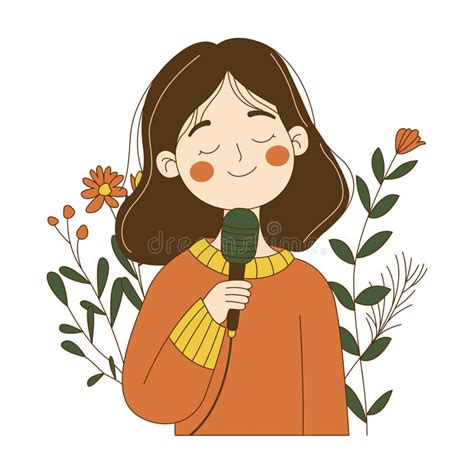 Innocent Nerd Girl Character Singing Using Microphone With Flower Floral Decoration Stock
