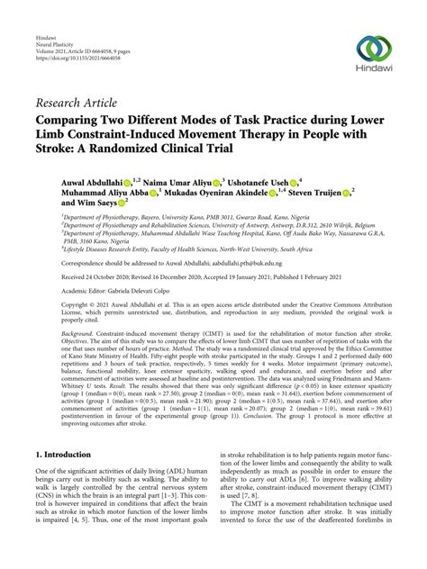 Pdf Comparing Two Different Modes Of Task Practice During Lower Limb Constraint Induced