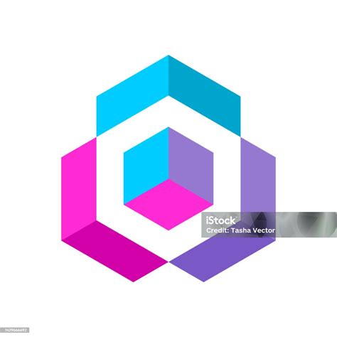 다채로운 큐브 로고 템플릿 아이소메트릭 블록 모양입니다 육각형 디자인 요소 파란색 자주색 분홍색 로고에 대한 스톡 벡터 아트 및