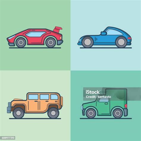 자동차 자동차 스포츠카 슈퍼카 반 멋진 전송 집합입니다 선형 스트로크 윤곽선 평면 스타일 벡터 아이콘입니다 개요 아이콘 컬렉션 색상 0명에 대한 스톡 벡터 아트 및 기타