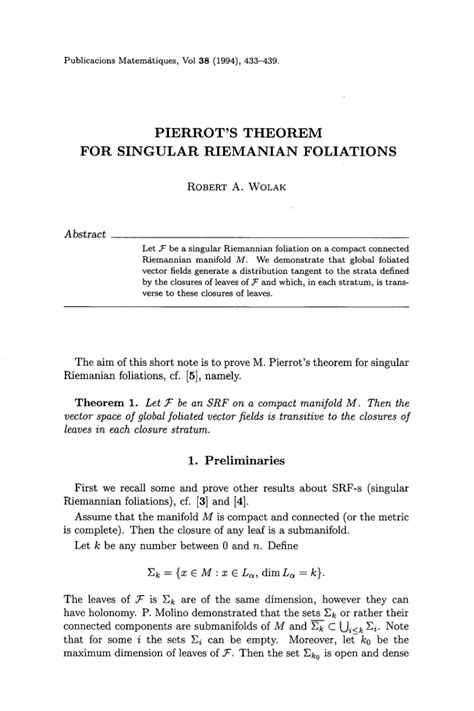 Pdf Pierrots Theorem For Singular Riemannian Foliations