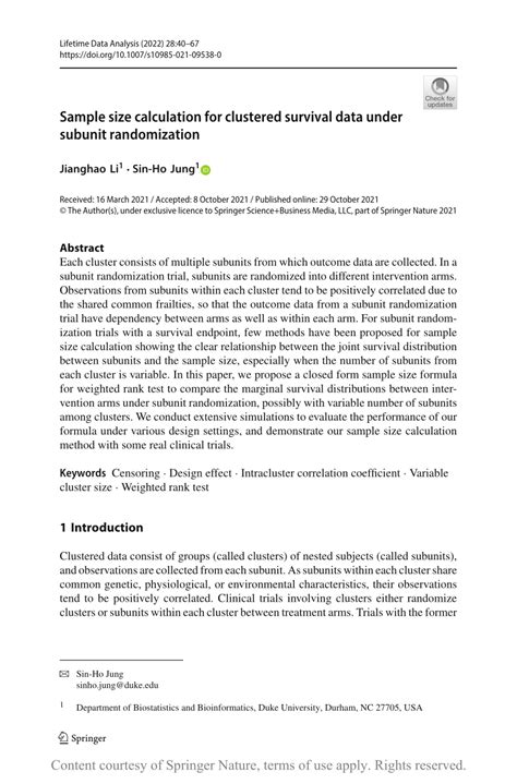Sample Size Calculation For Clustered Survival Data Under Subunit