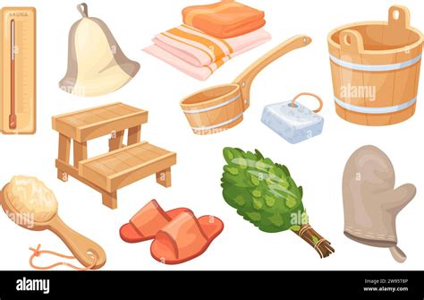 Sauna Accessories Finland Bathhouse Healthy Spa Cartoon Elements Wooden Bucket And Bench Green