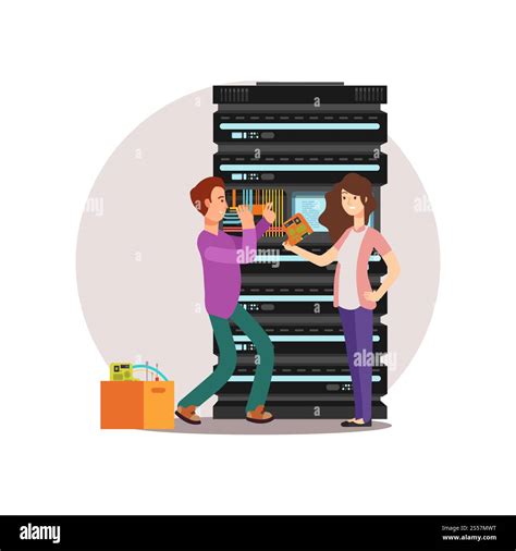 Cartoon Characters Male And Female Computer Engineers Server Administrators Working Together