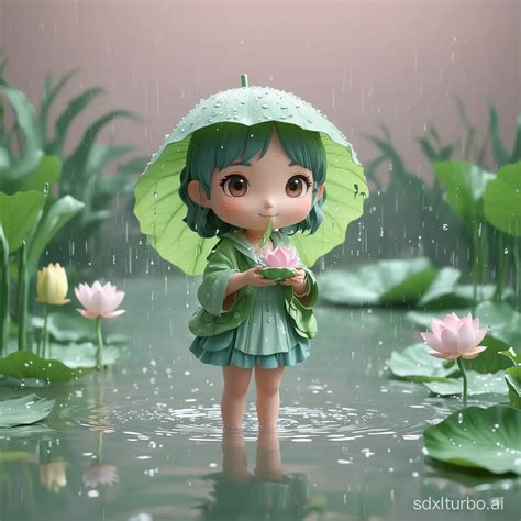 Adorable Girl With Lotus Leaf In Light Rain By Pond Super Cute Girl Ip