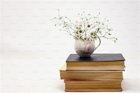 책 더미 위에 꽃이 놓인 꽃병 사진 Unsplash의 꽃의 이미지