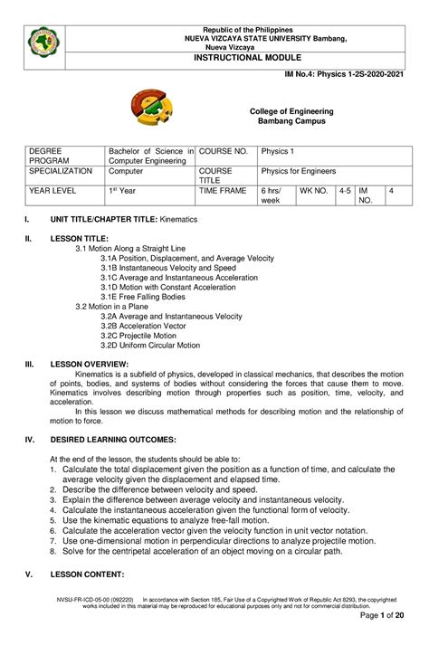 Physics For Engineers Im4 Im No Physics 1 2s 2020 Nvsu Fr Icd 05 00 092220 In Accordance